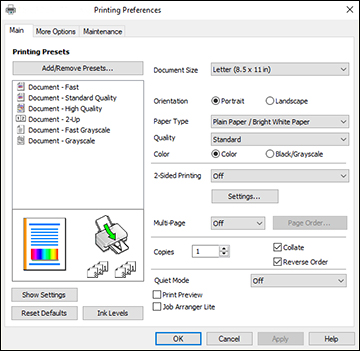 Selecting Basic Print Settings Windows