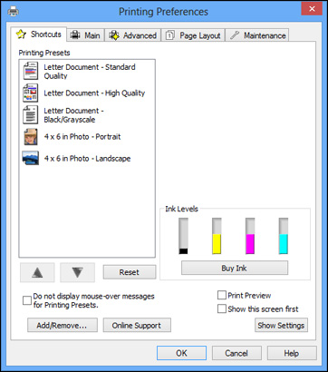 Selecting A Printing Preset Windows