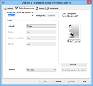Sélection des options de sortie et de graphique - Logiciel d'impression PCL - Windows