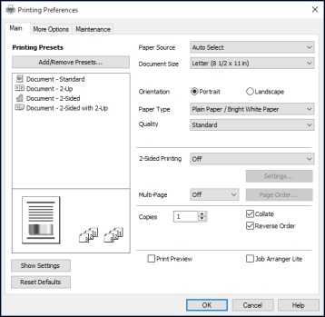 Selecting Default Print Settings - Epson Universal Print Driver - Windows