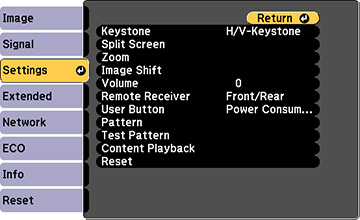Projector Feature Settings - Settings Menu