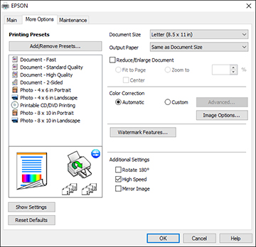 Selecting Additional Layout and Print Options - Windows