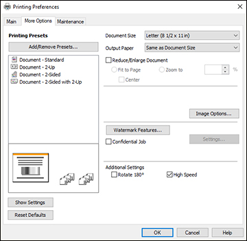Selecting Additional Layout and Print Options - Epson Universal Print Driver - Windows