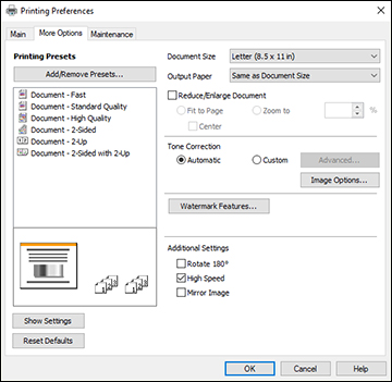 Selecting Additional Layout and Print Options - Windows