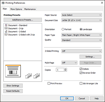 Selecting Print Settings - Epson Universal Print Driver - Windows
