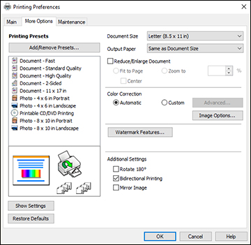 Selecting Additional Layout and Print Options - Windows