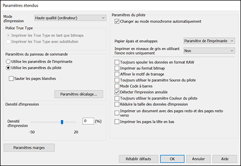 Sélection des paramètres étendus - Windows