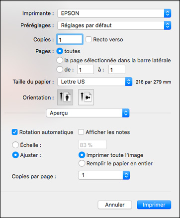 Sélection des paramètres d'impression de base - Logiciel d'impression PostScript - Mac