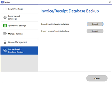 Exporting or Importing the Invoice/Receipt Database