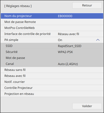 Sélection des paramètres du réseau câblé