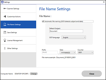 Changing the File Name Settings