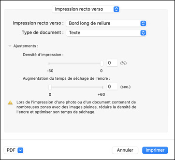 Sélection des paramètres d'impression recto verso - Mac