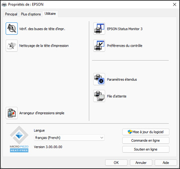Modification de la langue d'affichage des écrans du logiciel d'impression
