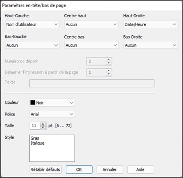 Paramètres d'en-tête et de bas de page - Windows