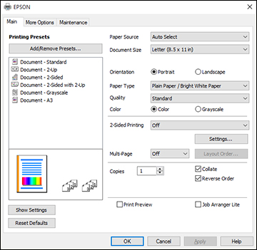 Selecting Default Print Settings - PCL Driver - Windows