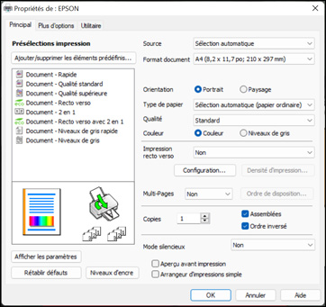 Modification des paramètres d'impression par défaut - Windows