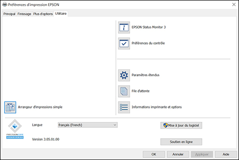 Modification de la langue d'affichage des écrans du logiciel d'impression