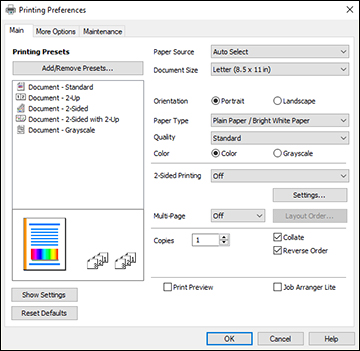 Selecting Default Print Settings - PCL Driver - Windows