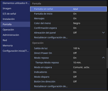 Ajustes de pantalla: menú Pantalla