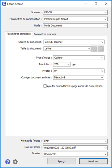 Numérisation à l'aide d'Epson Scan 2