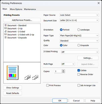 Selecting Print Settings - Epson Universal Print Driver - Windows