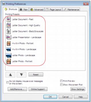 Select a Printing Preset