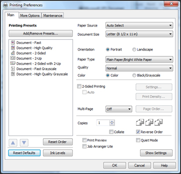 Selecting Default Print Settings - Standard EPSON Printer Software ...